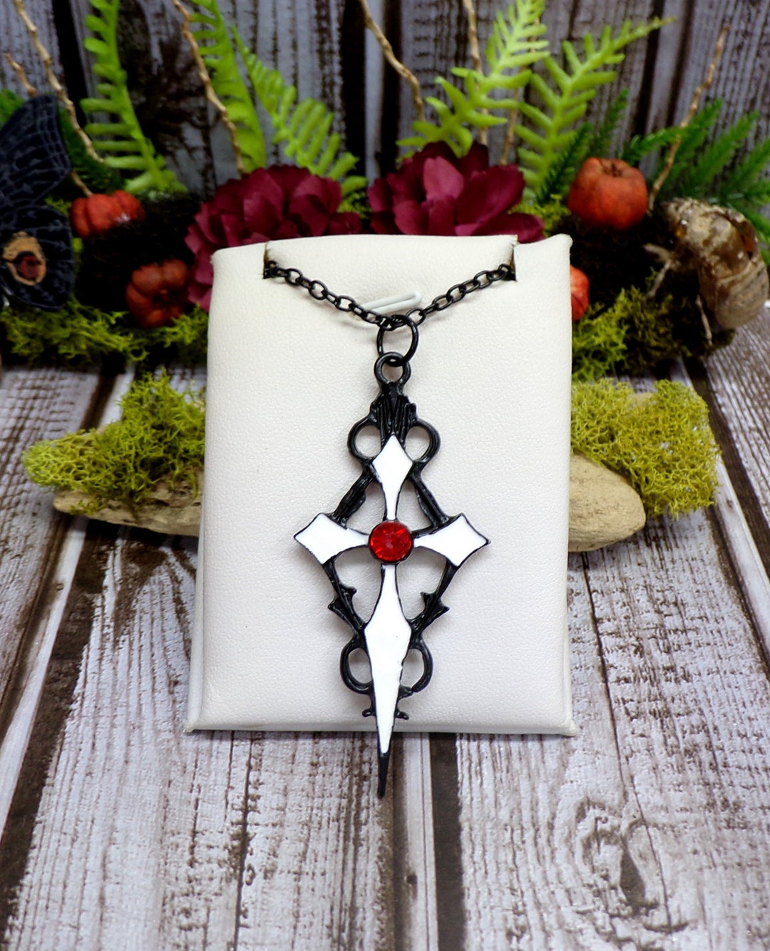 Black and White Gothic Cross Necklace, Red & Black Necklace, Red ...