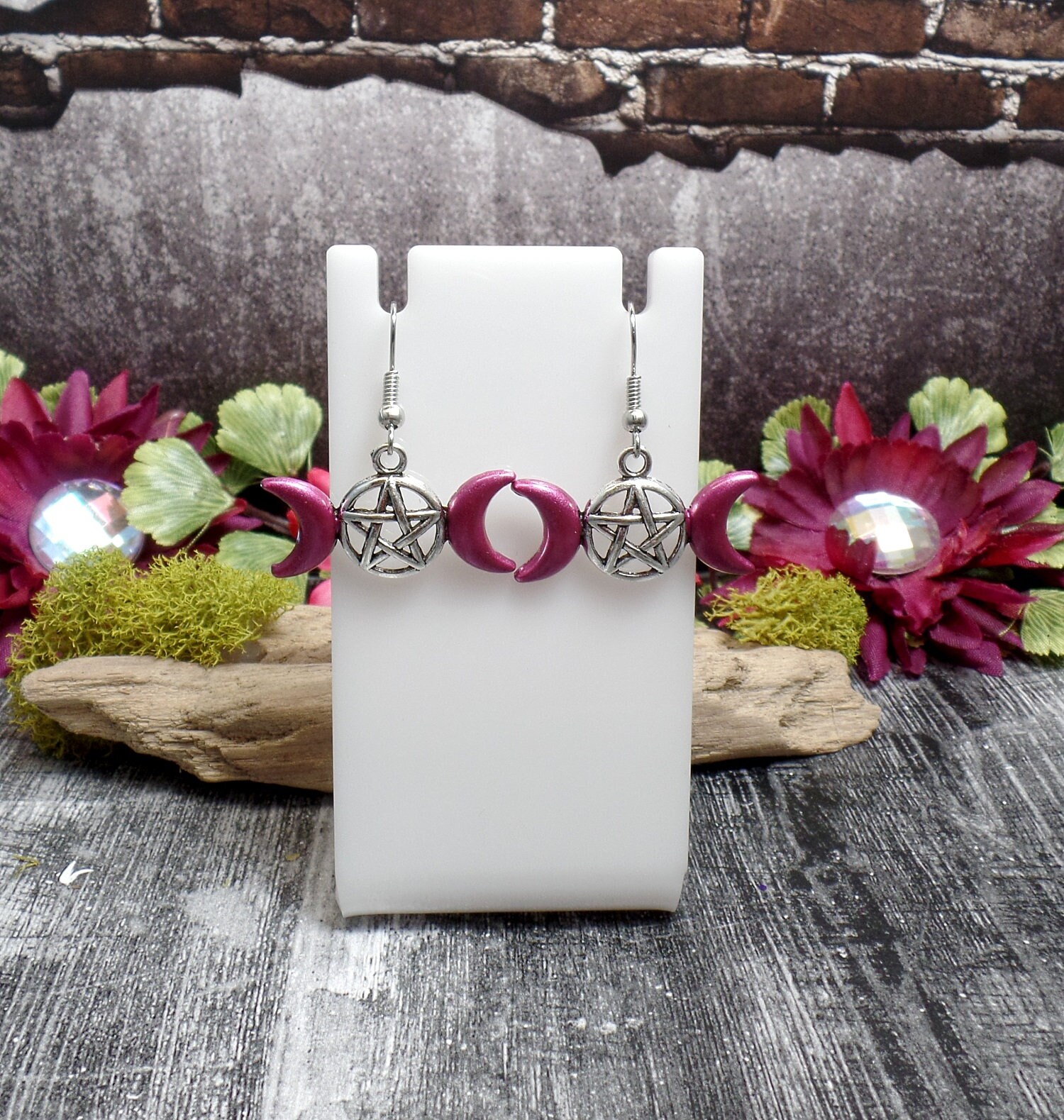 Pink Triple Moon Pentacle Earrings Magenta Star Earrings | Etsy