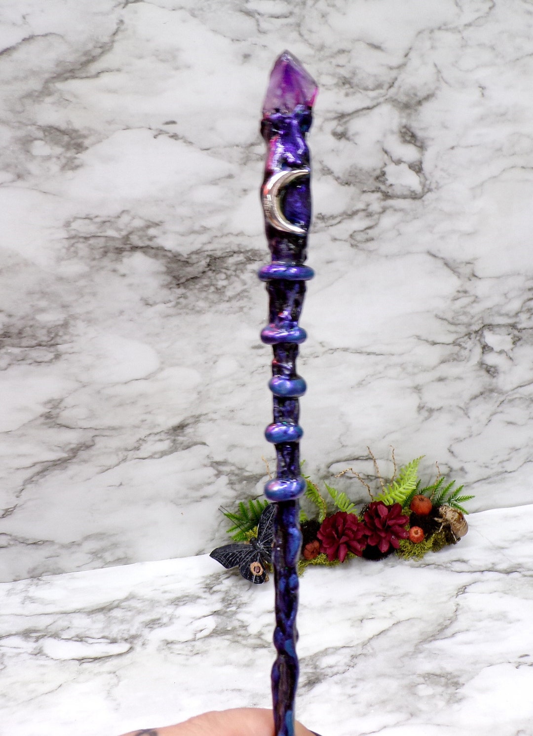 Blue Metallic Crescent Moon Amethyst Tipped Wand Witch Wizard Wand ...
