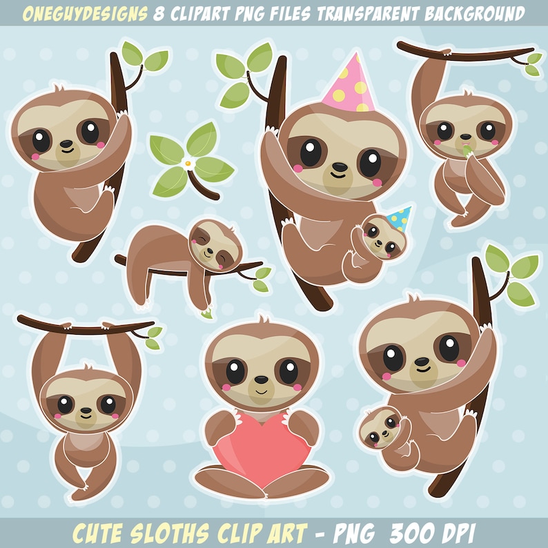 Cute Sloth Clipart. Baby & Mom Sloth Clip Art. Instant Download PNG ...