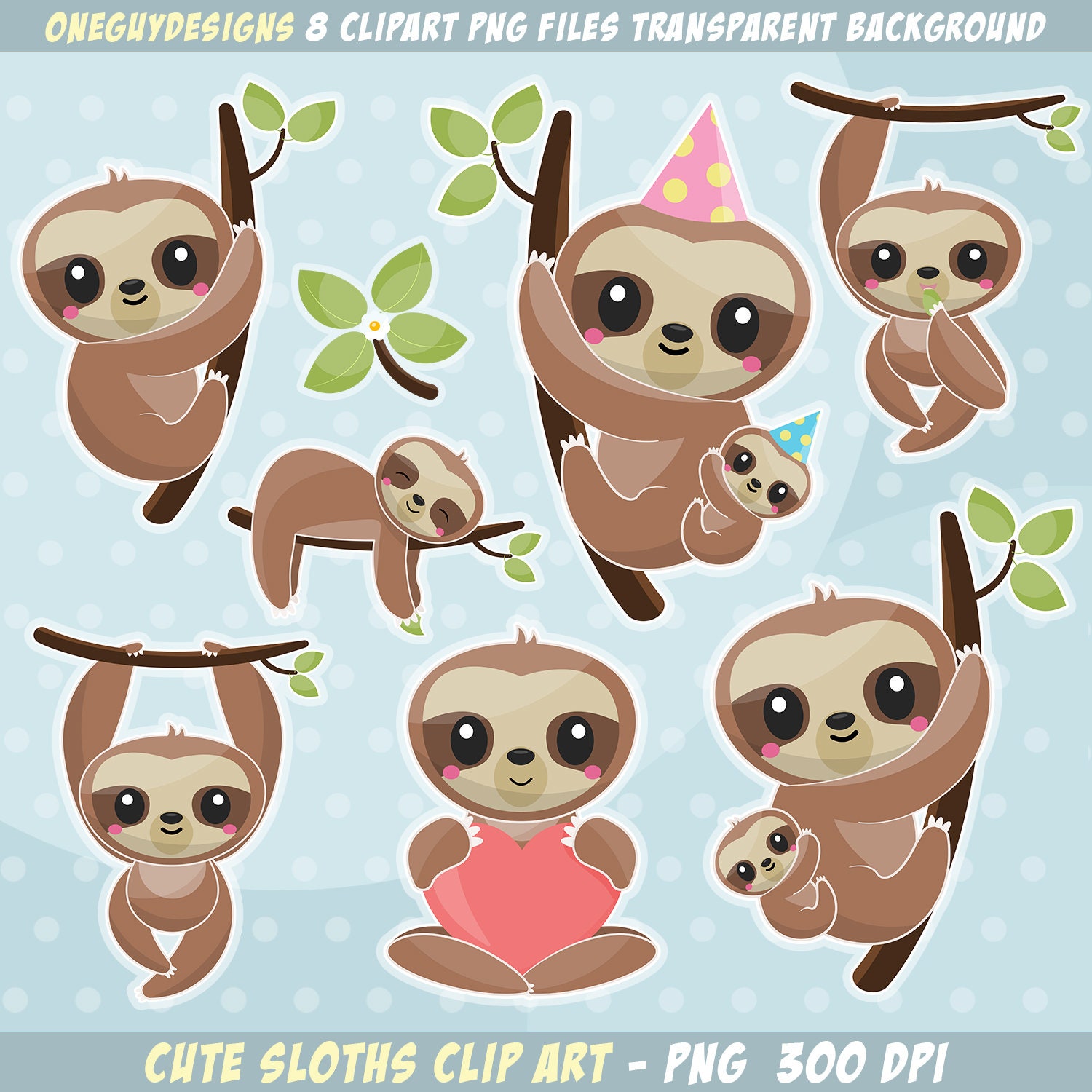 Cute Sloth Clipart. Baby & Mom Sloth Clip Art. Instant Download PNG ...