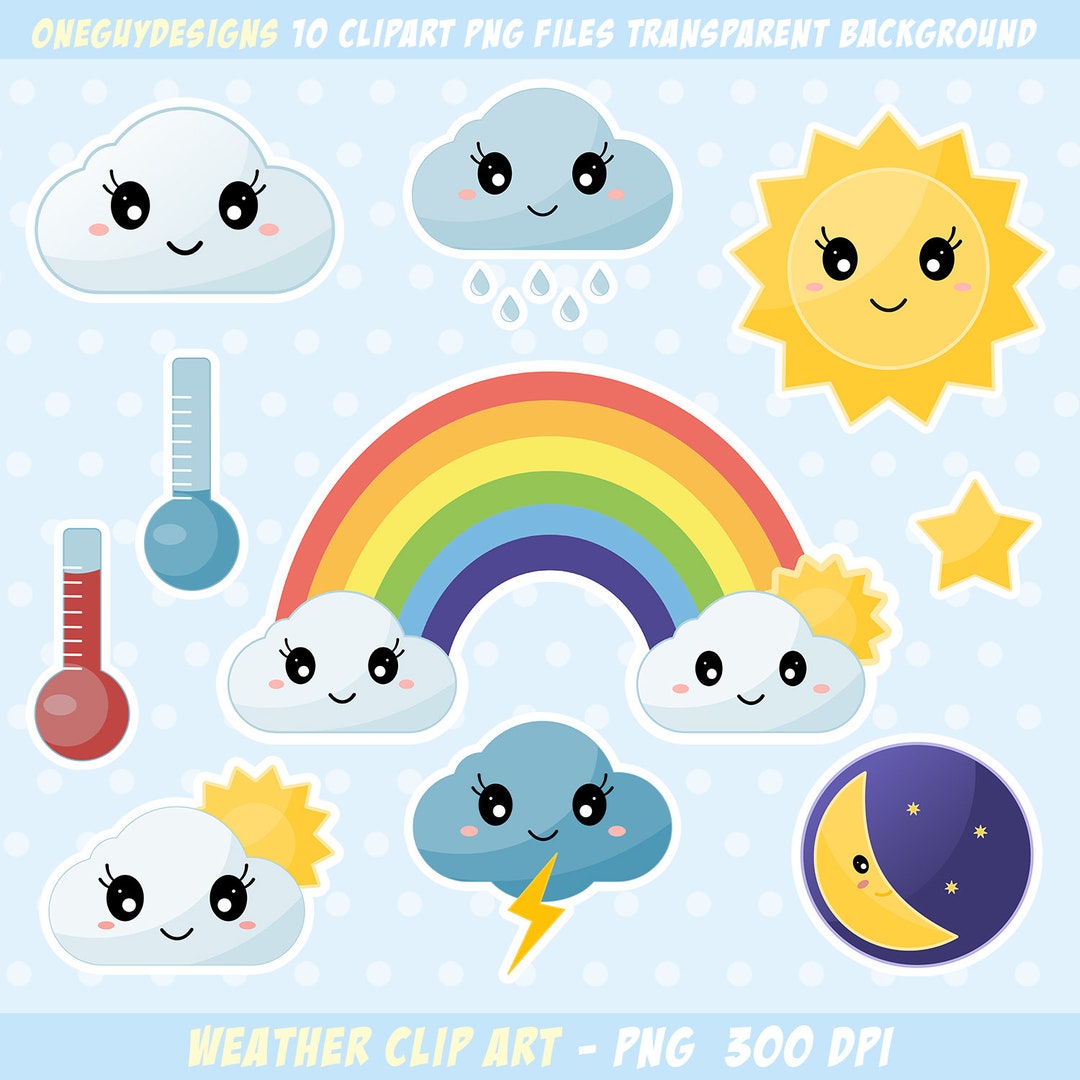 Cute Weather Clipart. Rainbow, Clouds, Sun, Star, Lightning Png Clip ...