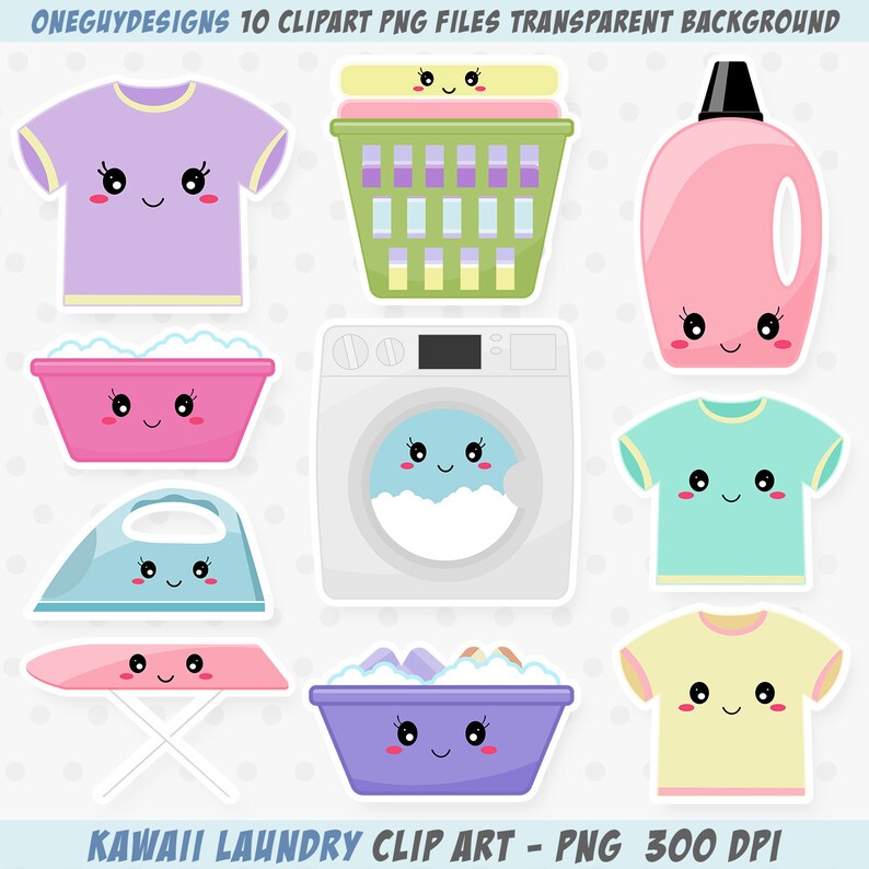 Cute Kawaii Laundry Clipart, Laundry Clip Art, Digital Sticker Graphics ...