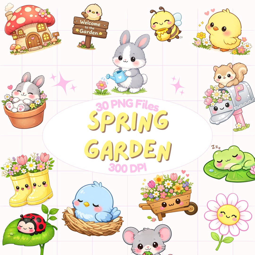 Kawaii Spring Garden Clipart Bundle, Pastel Animals, Flowers (digital ...