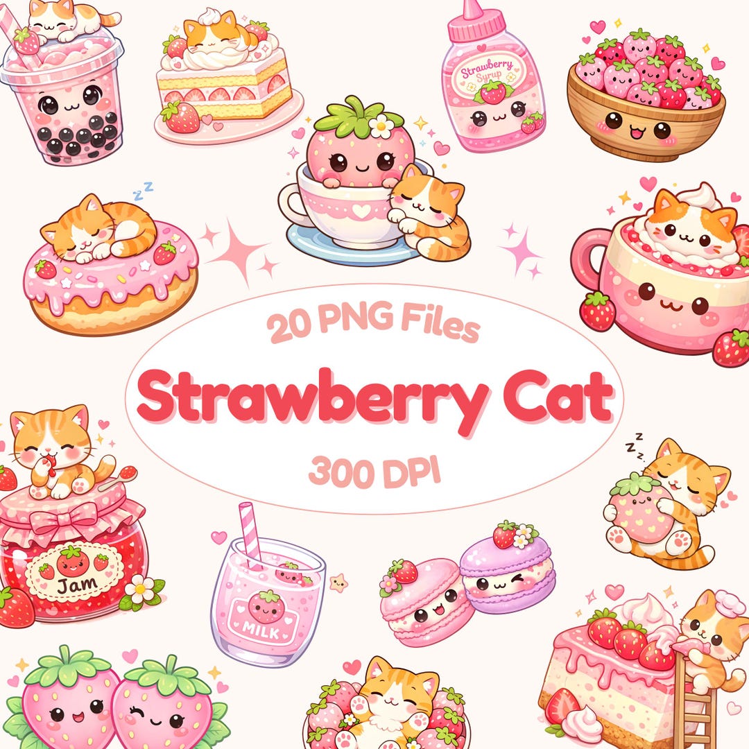 Kawaii Strawberry Cat Clipart, Pastel Bakery Kitten Stickers (digital ...