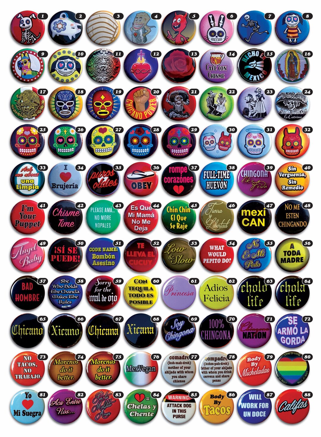 One Dollar Each!! Latinx Pinback Buttons (sold as 5 Minimum) 88 Designs ...