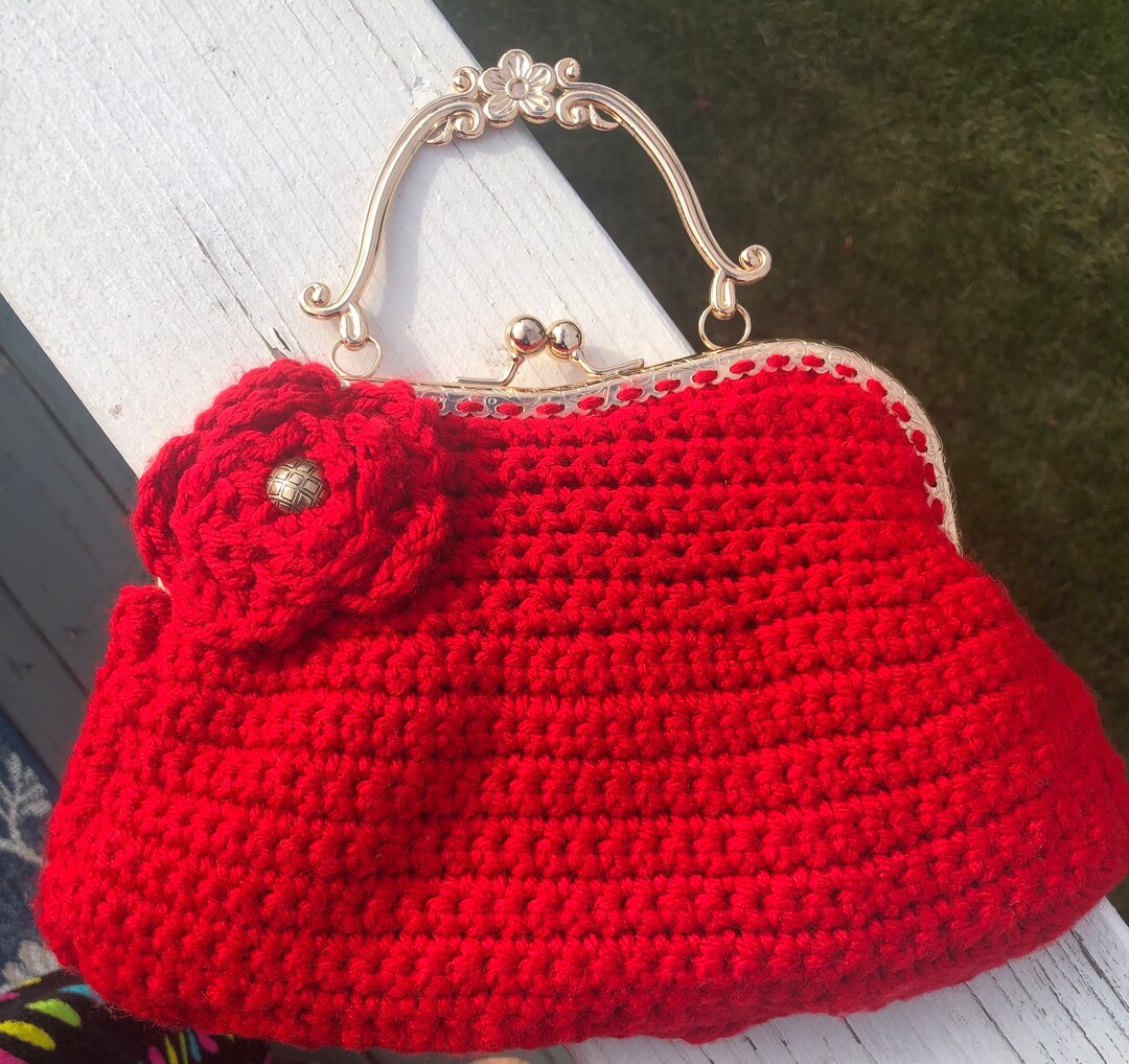 Red Bag With Flower Crochet Handle Bags Red , Handbag, Red Purse Red ...