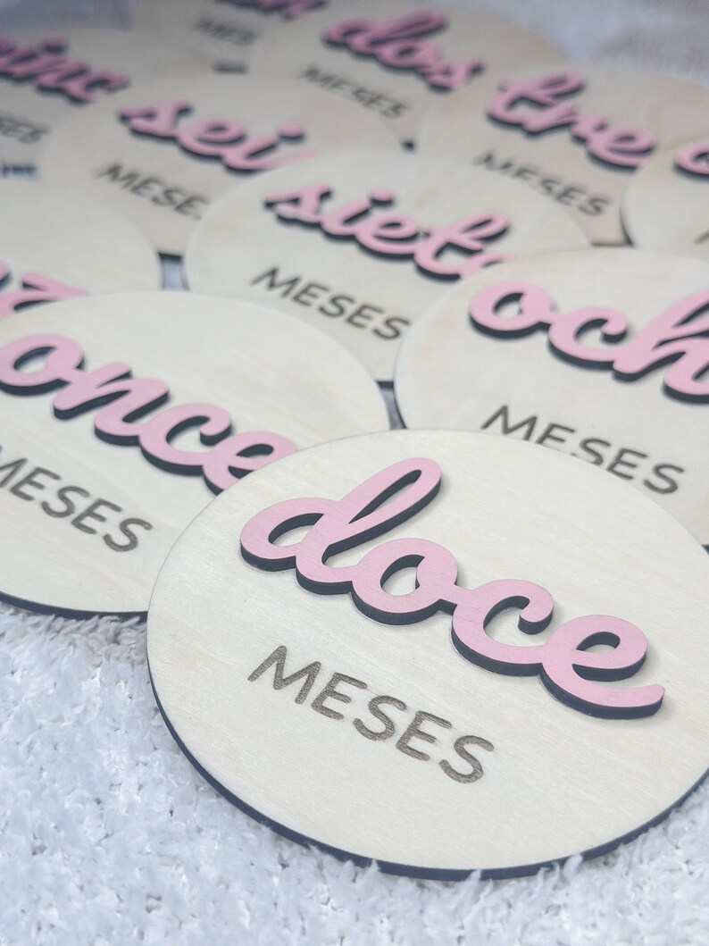 Spanish 3D Wooden Monthly Milestone Discs for Baby Photos Engraved Wood ...