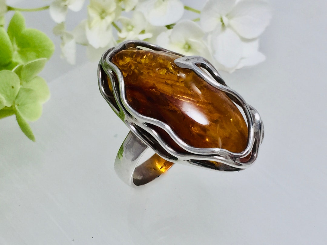 Big Amber Ring,cocktail Silver and Amber Ring,bernstein Big Ring ...