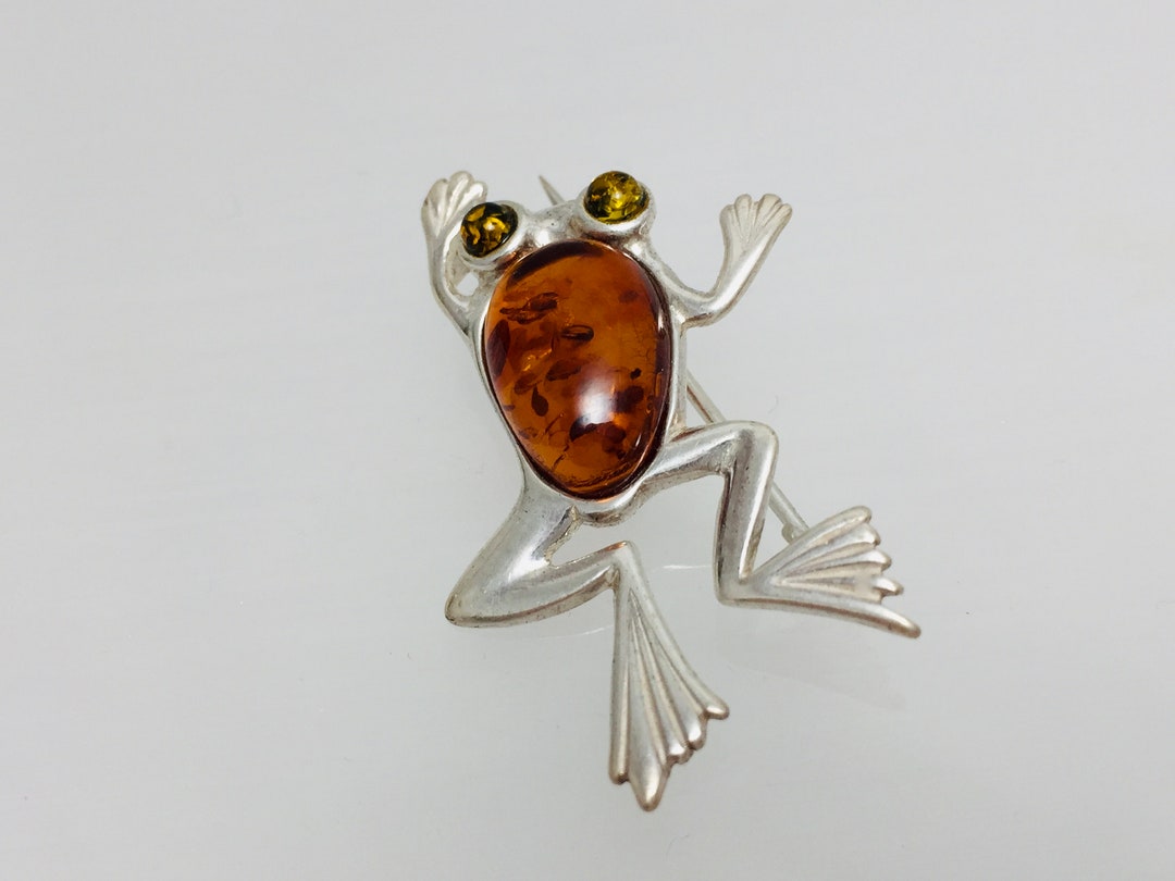Amber Frog Brooch,silver Frog Pin With Big Amber of Honey Color,amber ...
