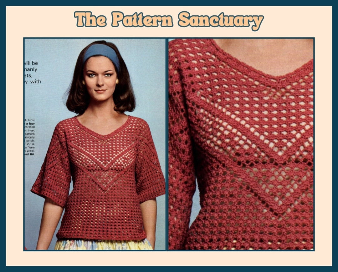Gorgeous Knit Tunic Top Filet Mesh Vintage 1978 Knitting Pattern Stylish Openwork Soft Blouse ...