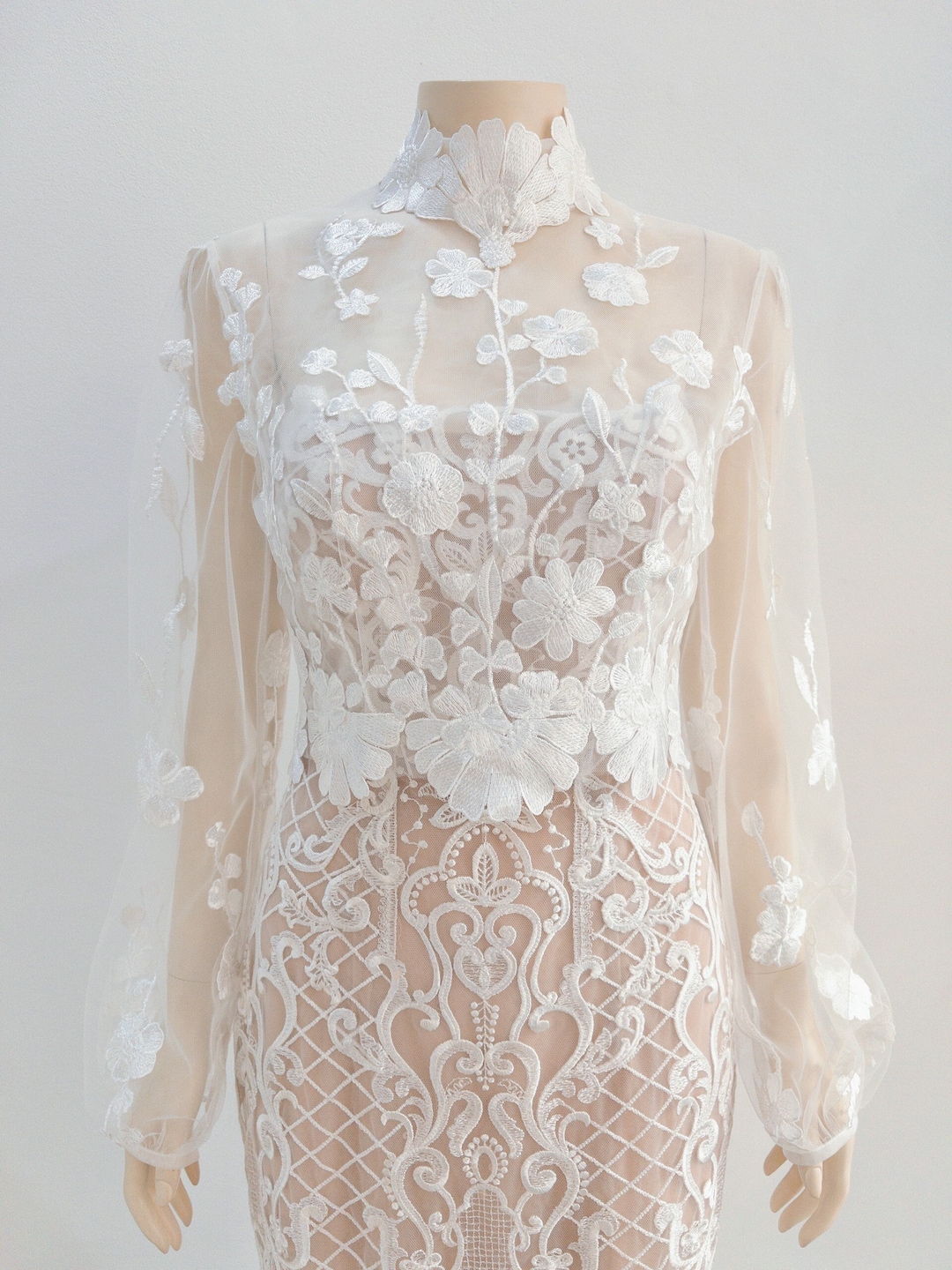 Lace High Neck Wedding Dress Topper, Long Sleeves Lace Bridal Topper ...