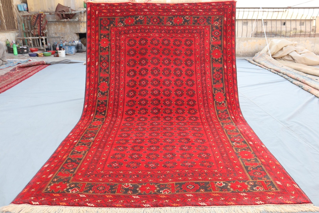 5x8 Afghan Bukhara Rug - Red Repeating Gul Pattern - Handmade Tribal ...