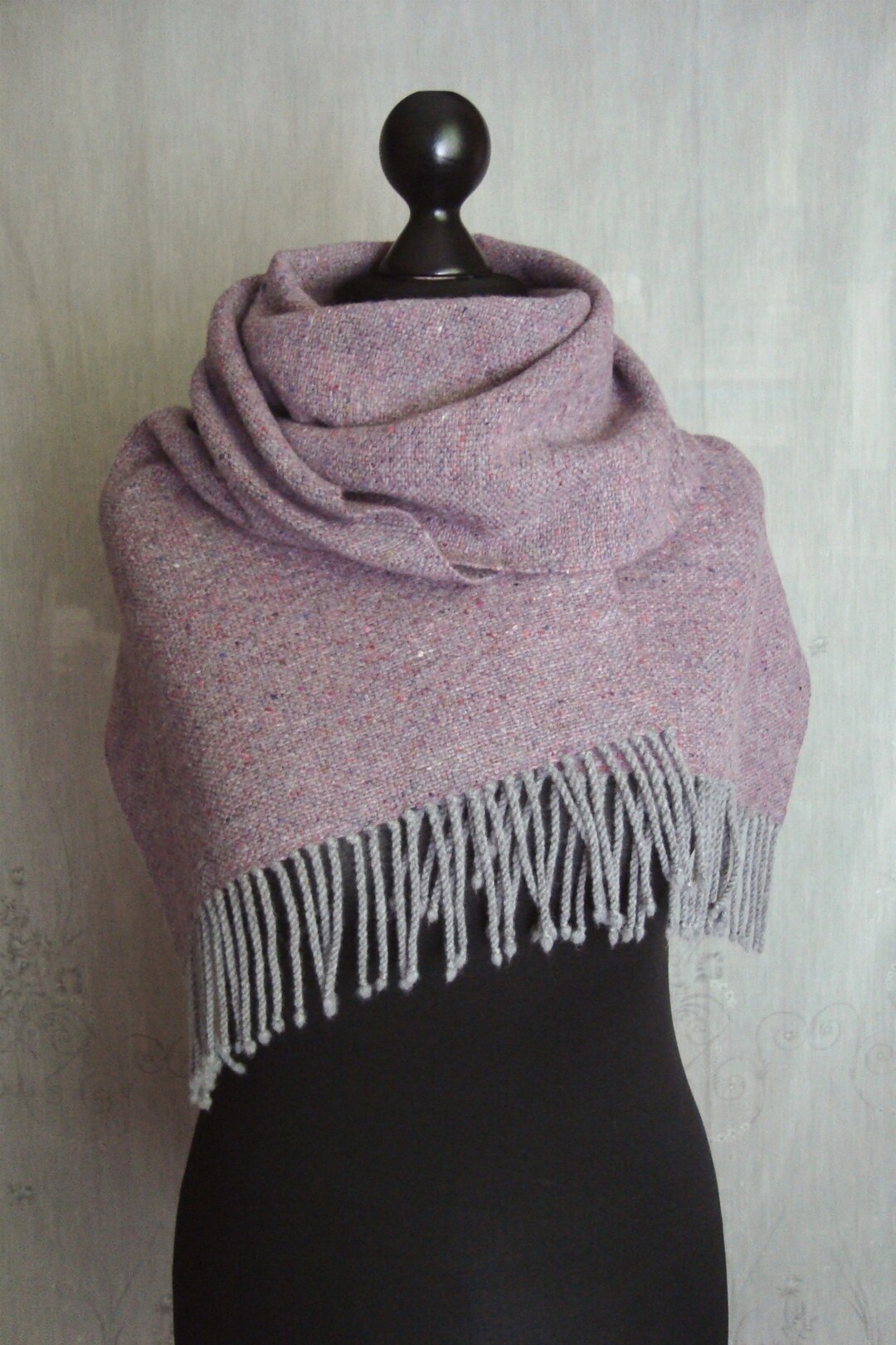 Handwoven Wool Neck Scarf for Women Fringe in Pink-lilac and Grey ...