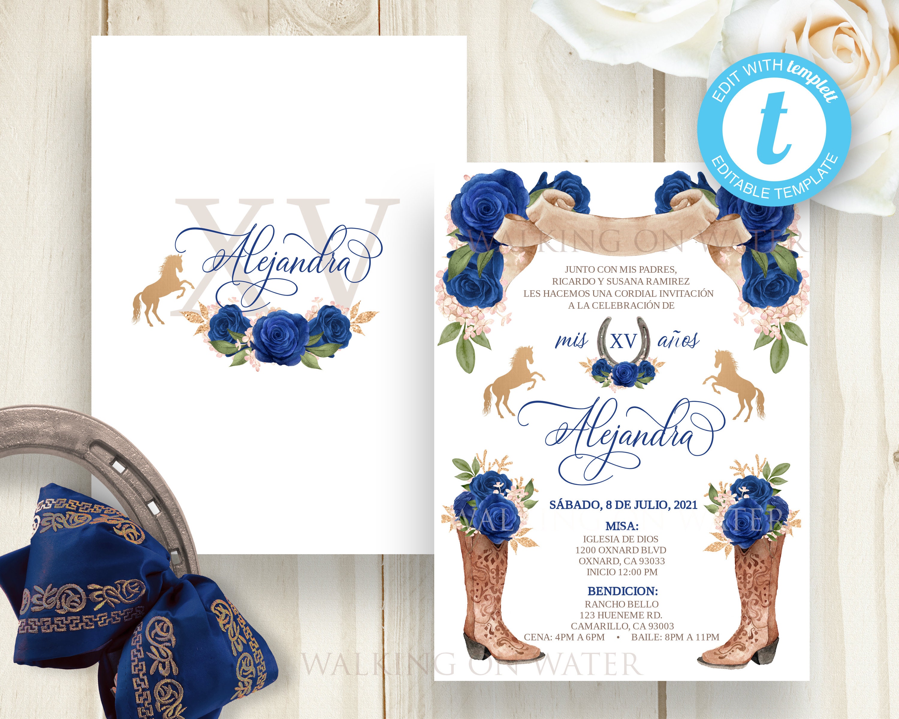 Edita invitaciones, botas charro azules acuarela Quinceanera Charro ...