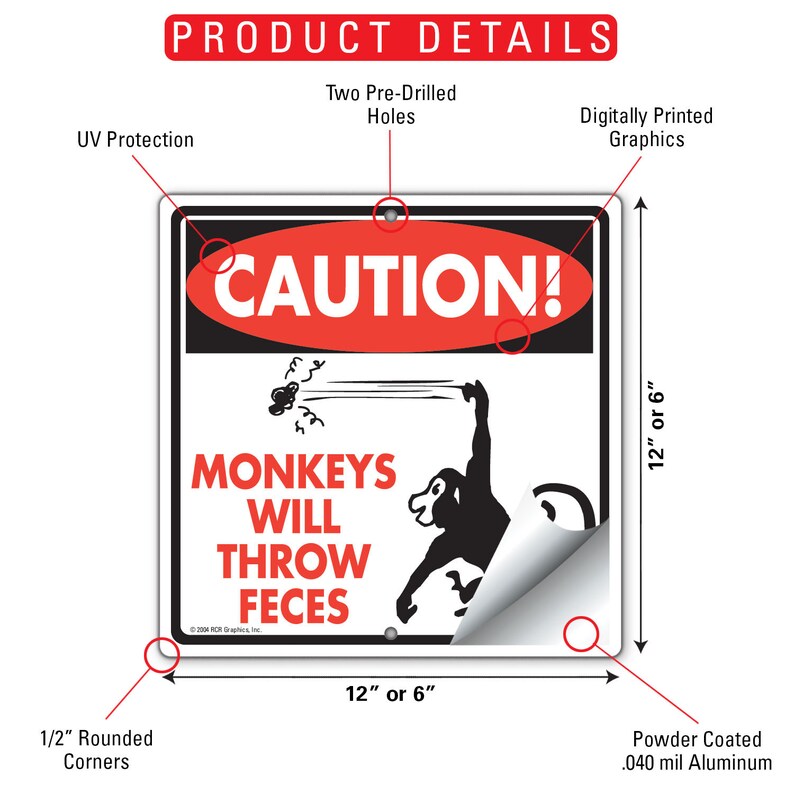 Caution! Monkeys Will Throw Feces Aluminum Monkey Sign or Vinyl Sticker ...