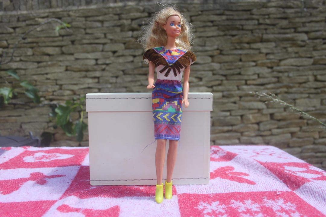 Vintage Barbie Vinyl Doll Blond Hair Aztec Style Dress and Yellow Boots ...
