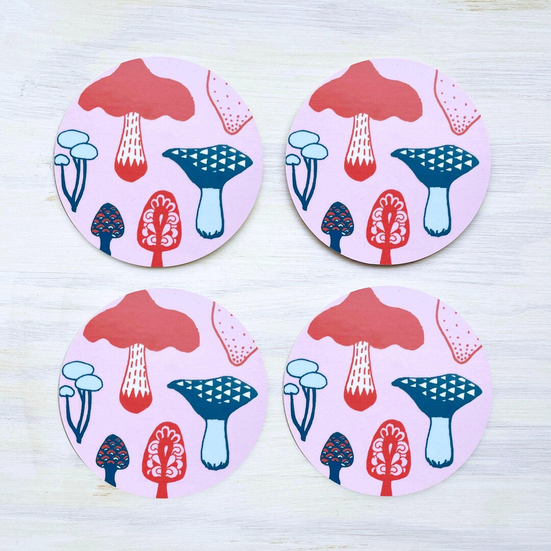 Pink Mushroom Coaster Set - Etsy