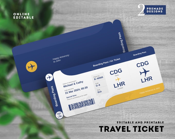 Editable Boarding Ticket Canva Template | Vacation Plane Ticket ...