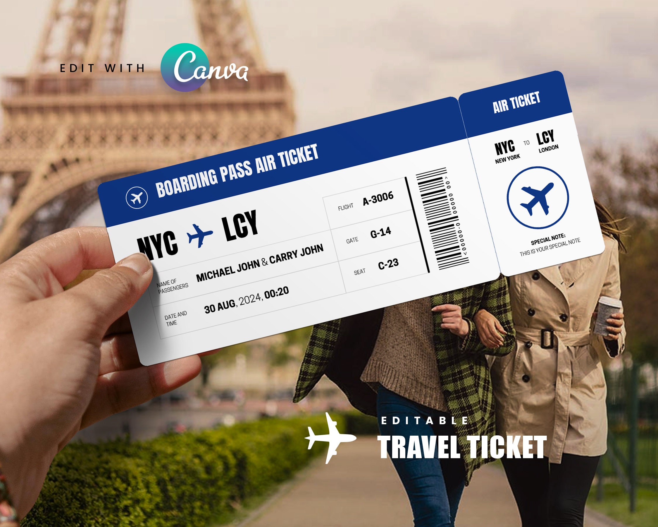 Editable Boarding Ticket Canva Template Personalized Plane Ticket ...