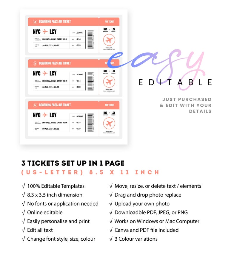 Editable Boarding Ticket Canva Template Personalized Plane - Etsy