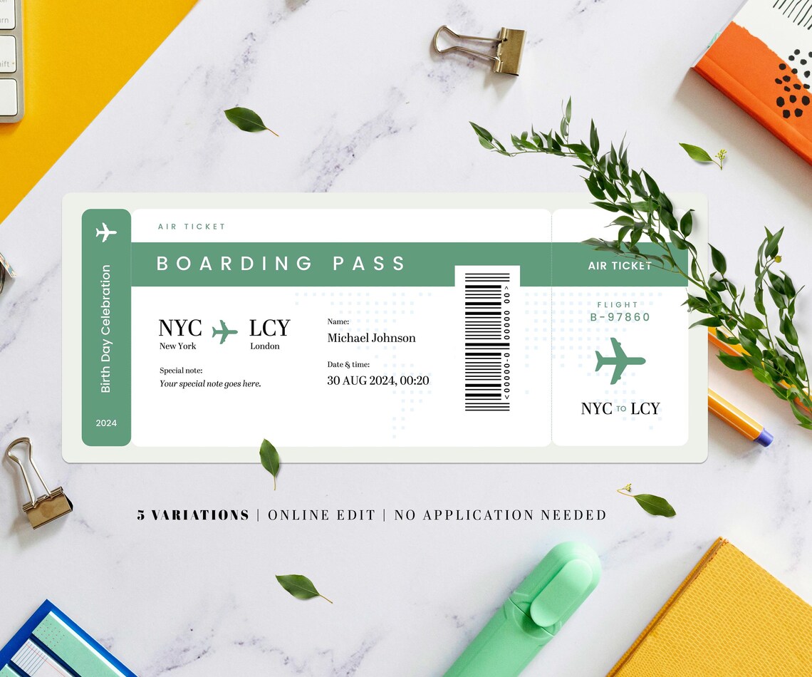 Editable Boarding Ticket Canva Template Personalized Plane Ticket ...