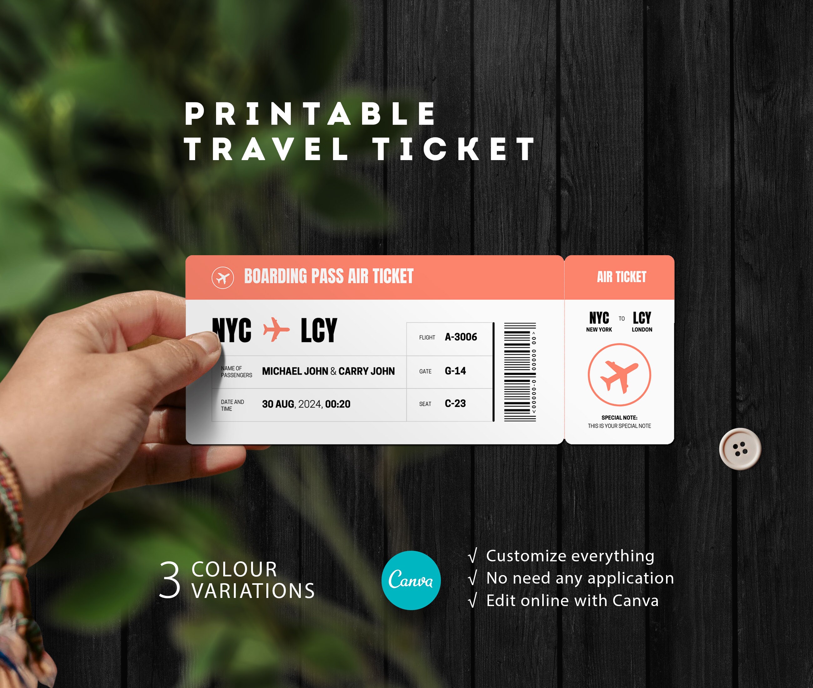 Editable Boarding Ticket Canva Template Personalized Plane Ticket ...