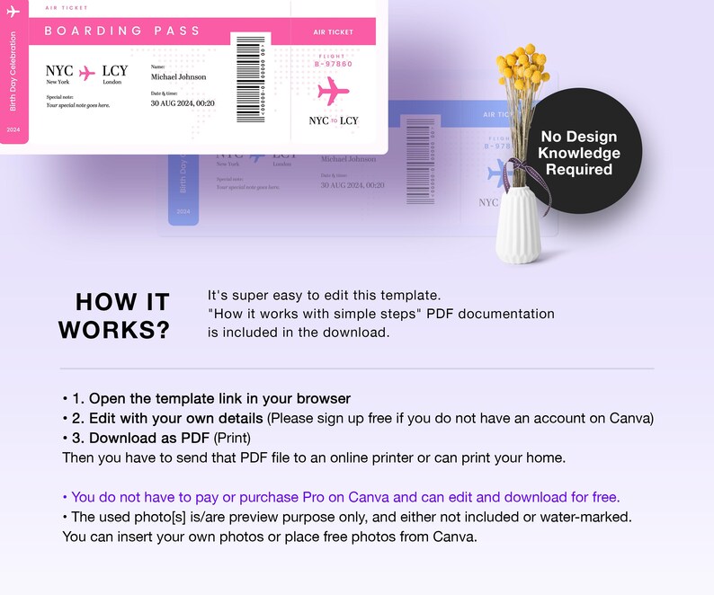 Editable Boarding Ticket Canva Template Personalized Plane Ticket ...