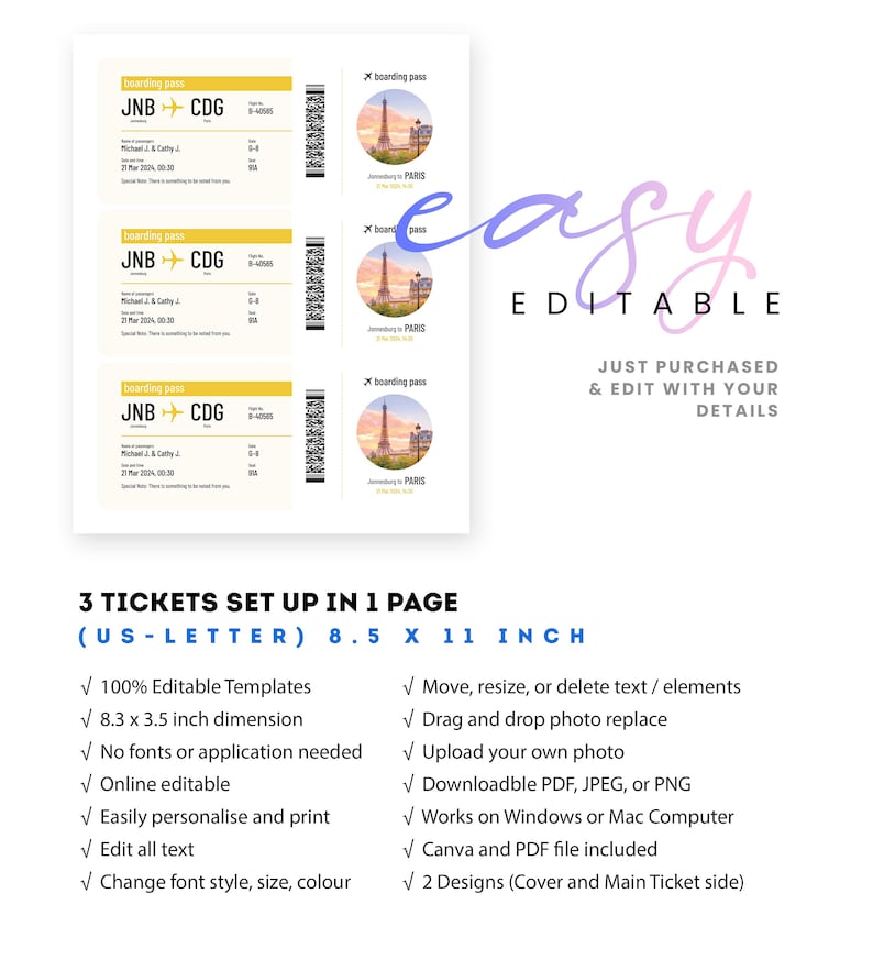 Editable Boarding Ticket Canva Template Personalized Plane Ticket ...