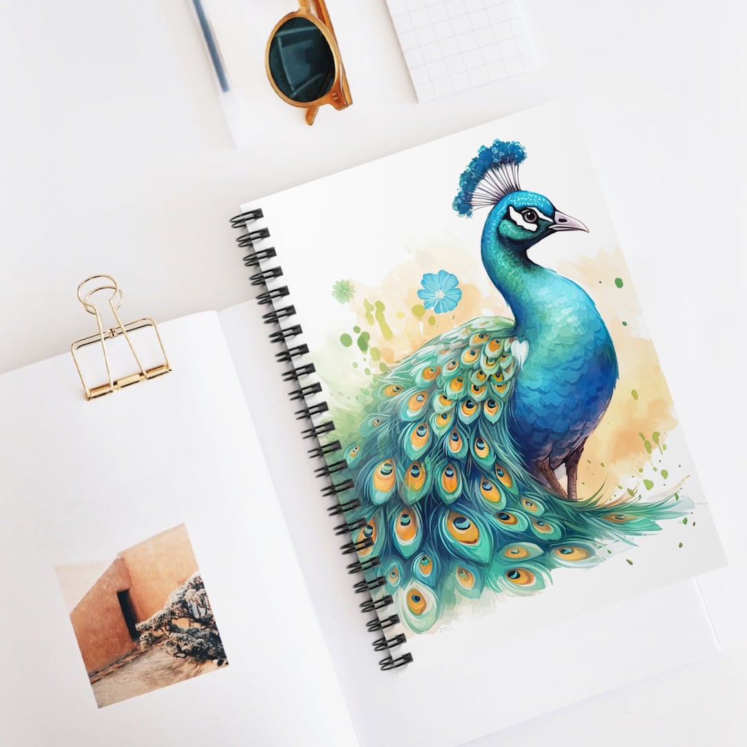 Spiral Notebook With Watercolor Peacock Painting Cover Lined Journal ...
