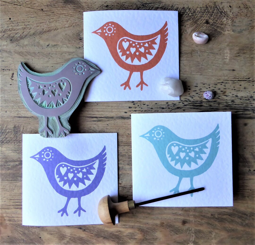 Set of 3 Easter Chicks Greeting Cards, Linocut, Folk Art, Spring ...
