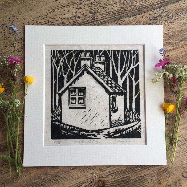 Forester's Cottage Linocut. House Linocut. Black and White Handmade ...