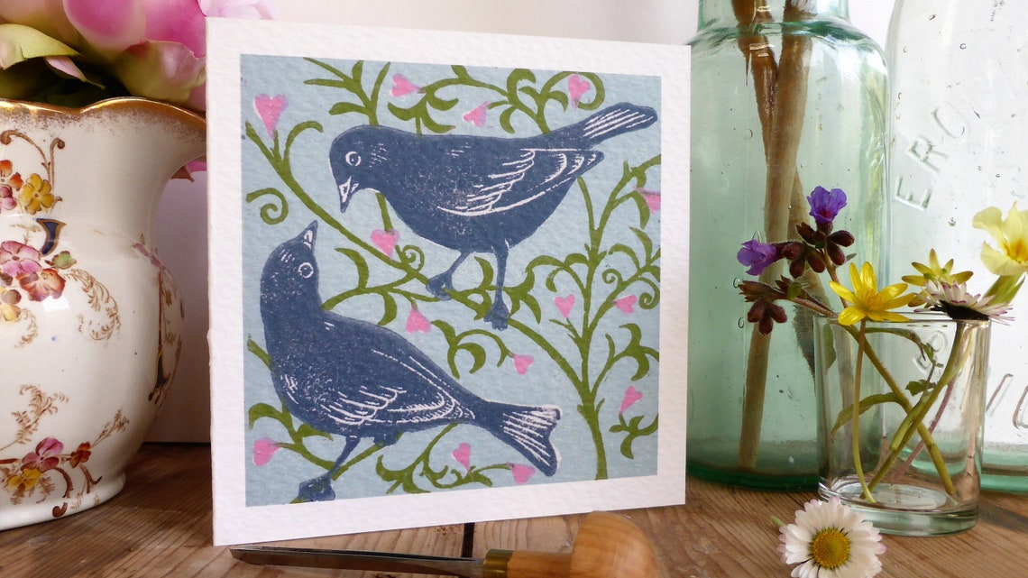 Love Birds Greetings Card From an Original Lino Print - Etsy UK