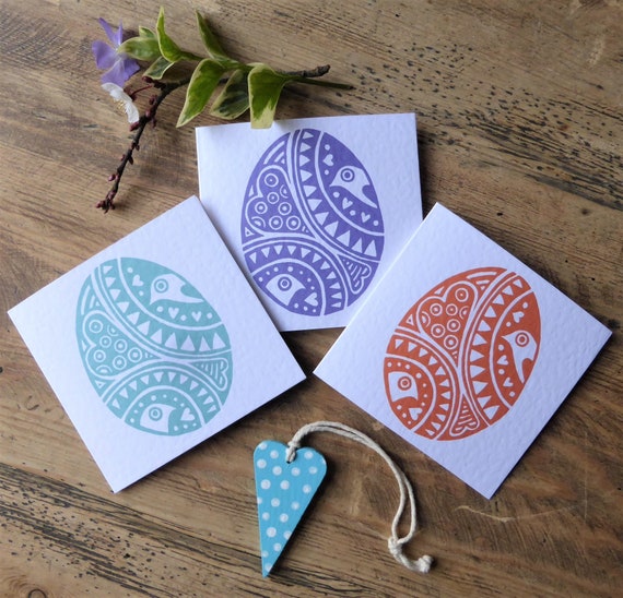 Easter Egg greeting cards linocut folk art Spring | Etsy