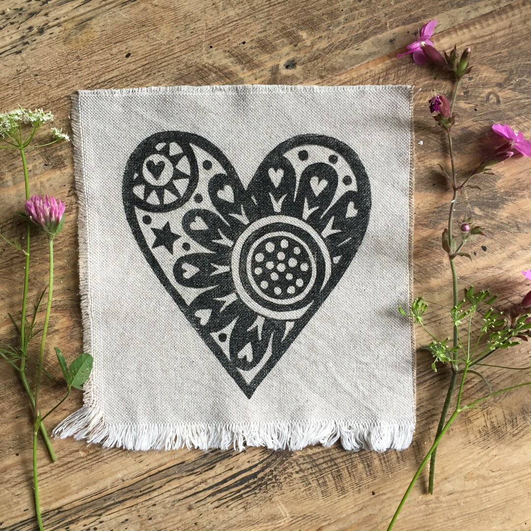 Heart Design, Natural Linen, Visible Mending, Craft Project, Lino Print ...