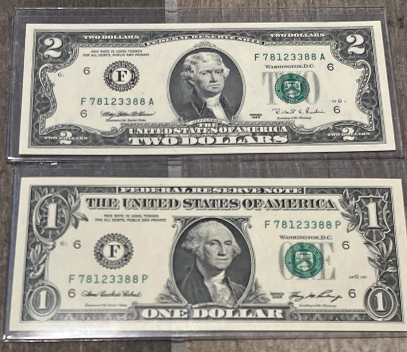 Set of One and Two Dollar US Federal Reserve Notes With Identical ...
