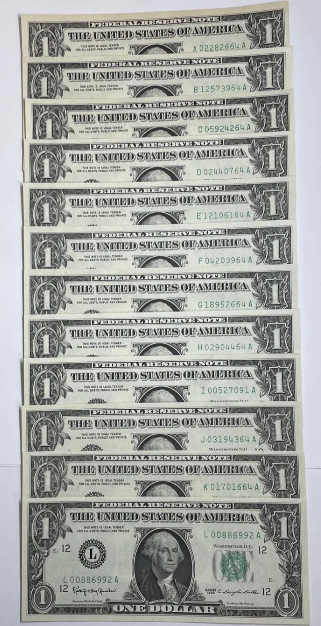 1963 1.00 One Dollar Bill Federal District Set A-L All 12 FREE SHIPPING ...