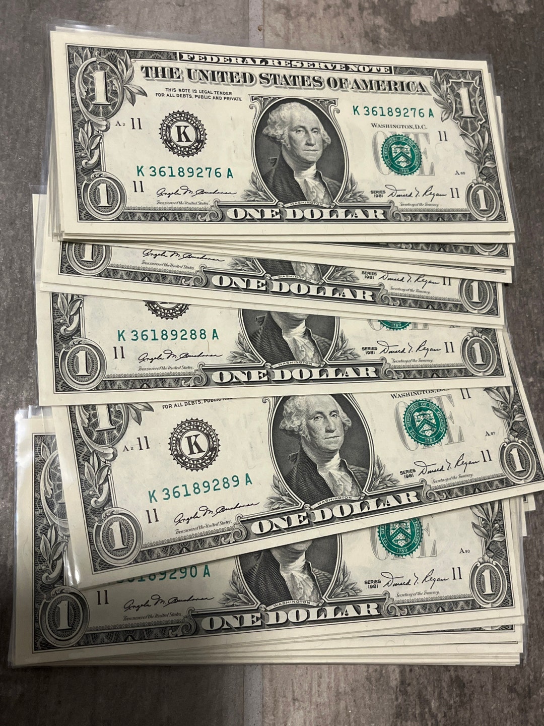 1981 One Dollar Bill Uncirculated Federal Reserve Note Consecutive FRN ...