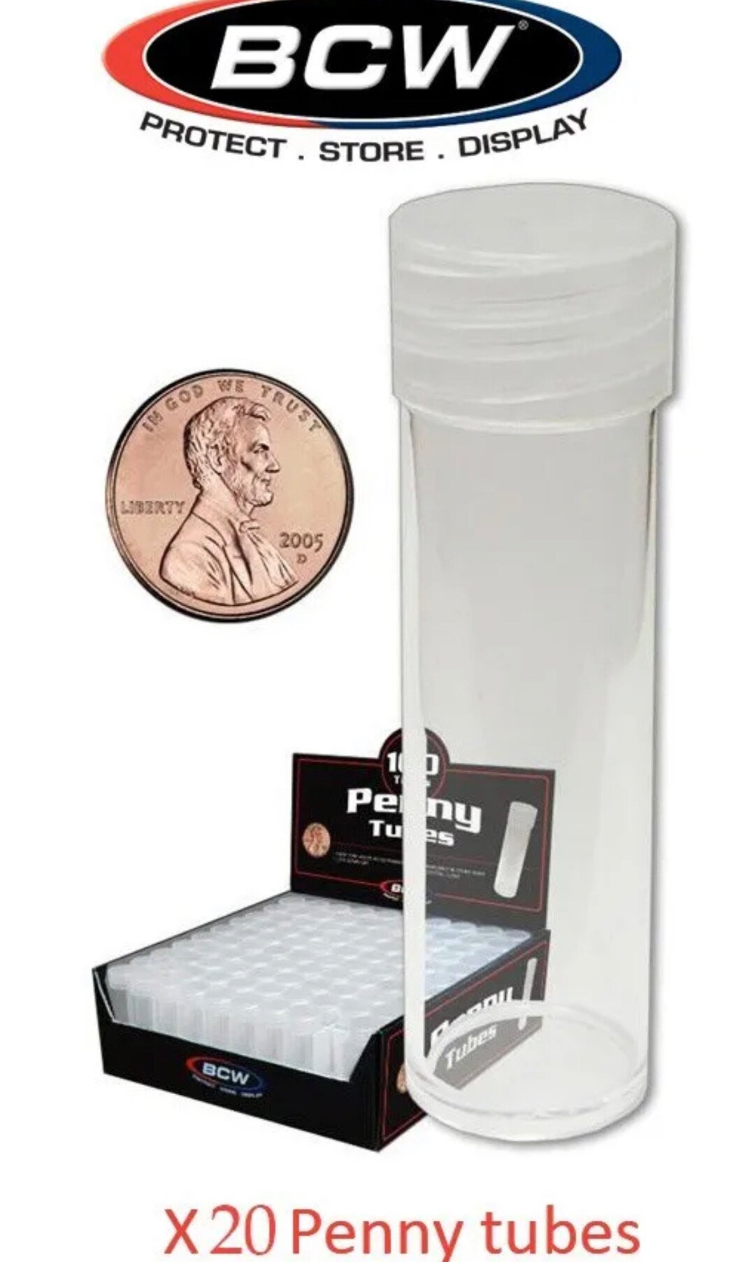 20 Penny Cent Round Coin Storage Roll Tubes Clear Screw Caps BCW Lot ...