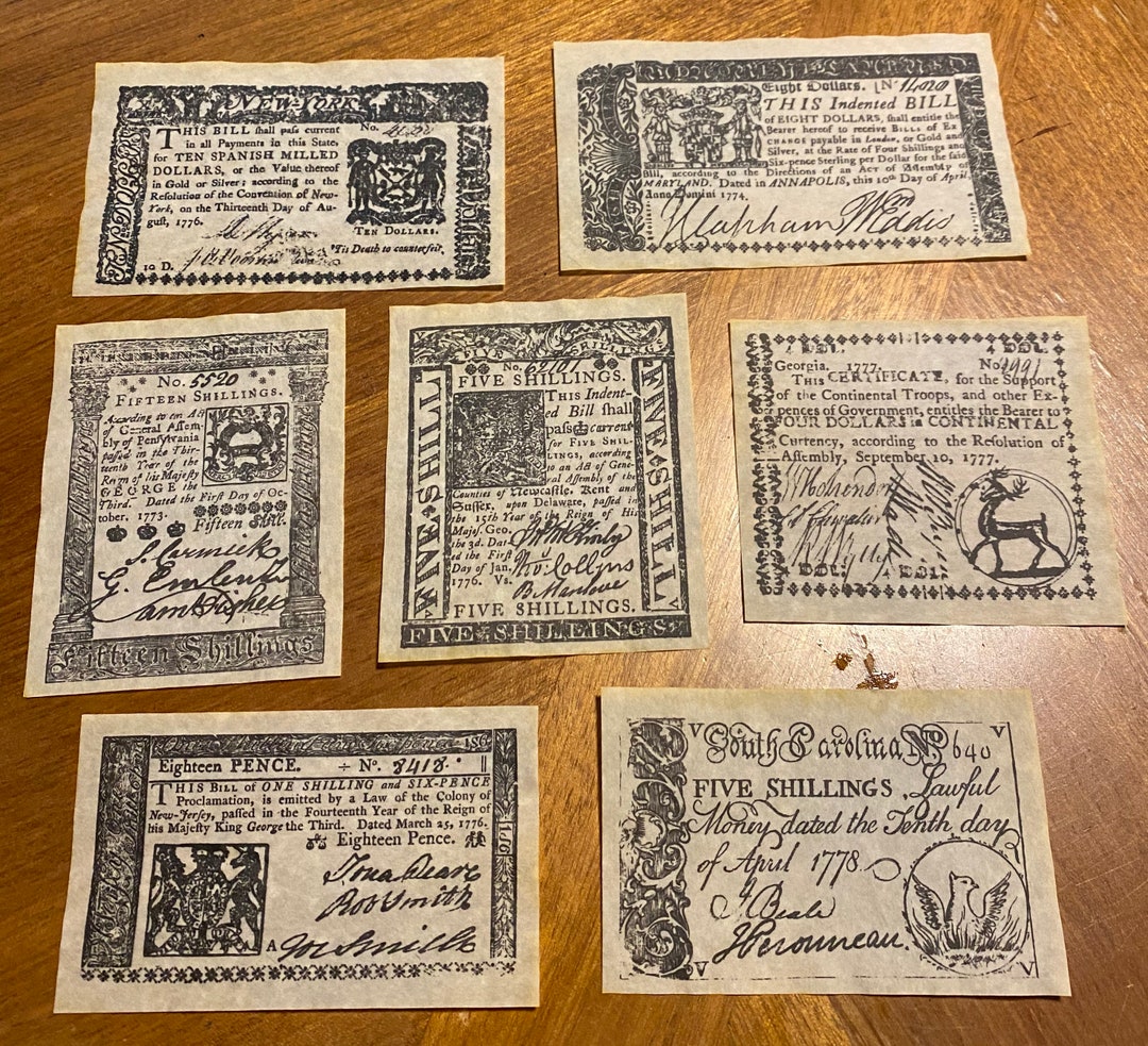 Set of 7 Different Replica 1700s Colonial Banknotes FREE SHIPPING Lot A ...