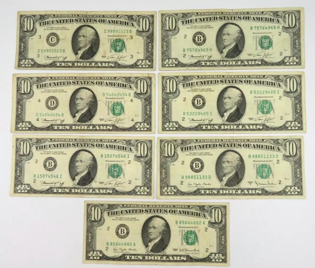 1974 1977 1981 1985 1988 1990 1993 1995 10-dollar Federal Reserve Note ...