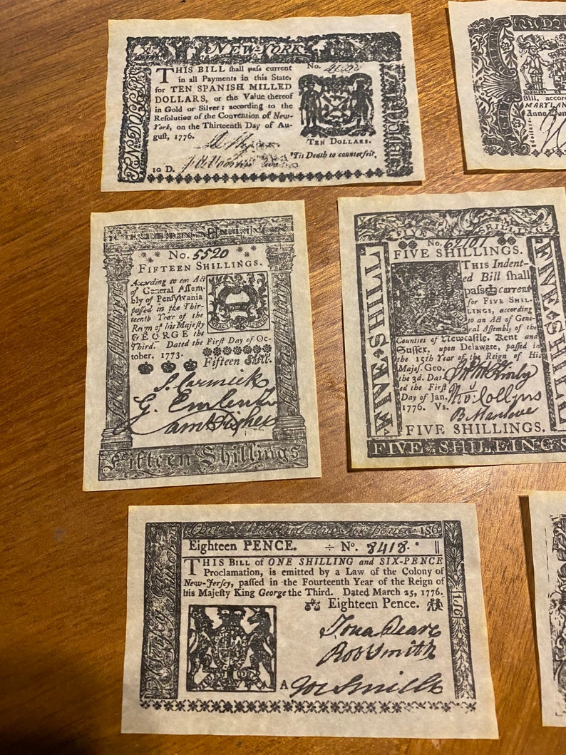 Set of 7 Different Replica 1700s Colonial Banknotes FREE SHIPPING Lot A ...
