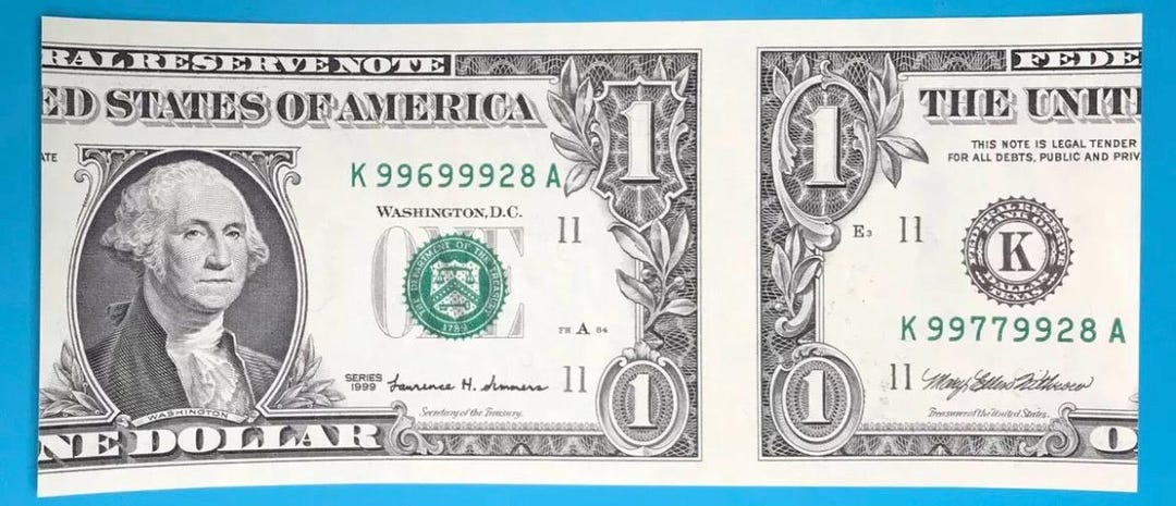 Miscut One Dollar Bill Federal Reserve Note Different Serial Numbers ...