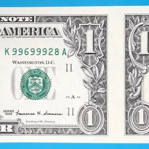 Miscut One Dollar Bill Federal Reserve Note Different Serial Numbers ...