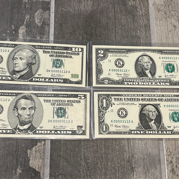 3 US 10-dollar Bills With Identical Matching Super Low Serial Numbers ...