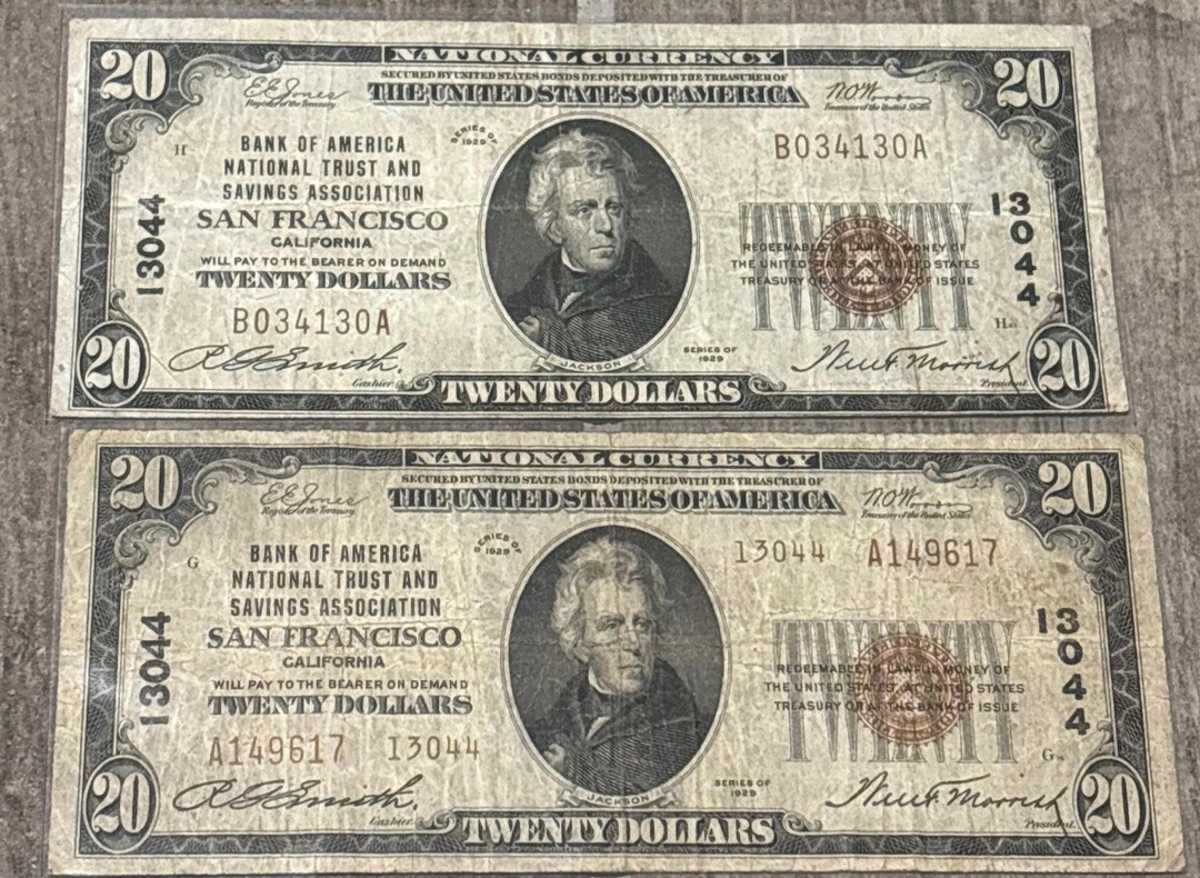 1929 20-dollar National Bank Note Type 1 and 2 Pair Charter #13044 Bank ...