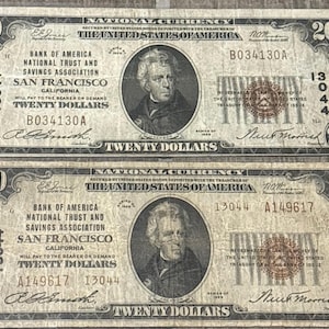 1929 20-dollar National Bank Note Type 1 and 2 Pair Charter #13044 Bank ...