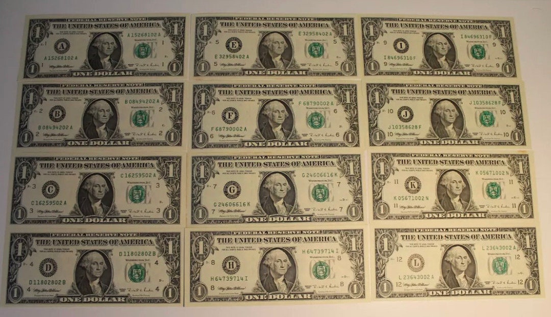 1995 1.00 One Dollar Bill Federal Reserve Note District Set A-L All 12 ...