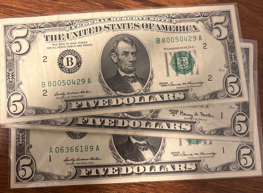 1963 or 1969 5 Dollar Federal Reserve Note Frn United States Green Seal ...