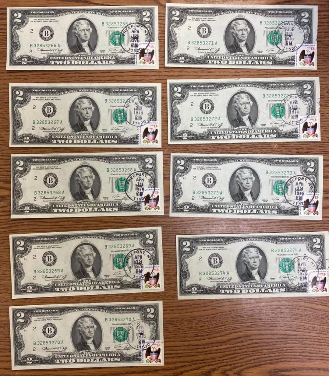 First Day of Issue Stamped 1976 2 Dollar Bill UNC Consecutive Run FREE ...
